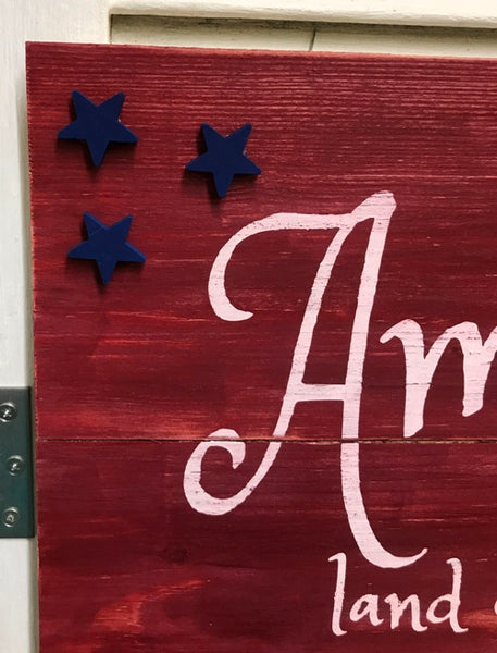 "America land of the free" w/Stars on Red Distressed Wooden Sign - 412 ...